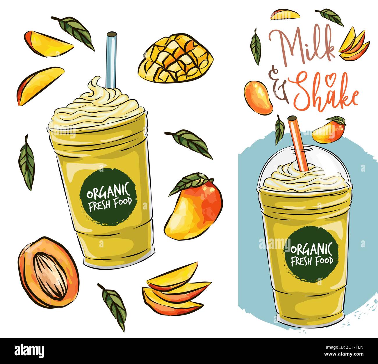 Homemade mango cocktail pouring into a takeaway cup with fresh fruits ...