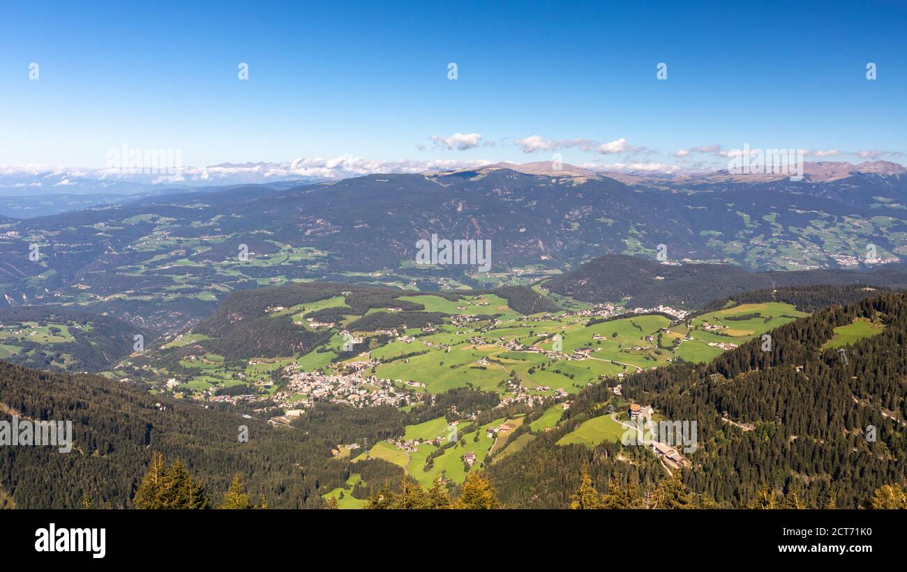 View from Seiser Alm, Alpe di Siusi down into the valley to Seis, Siusi ...