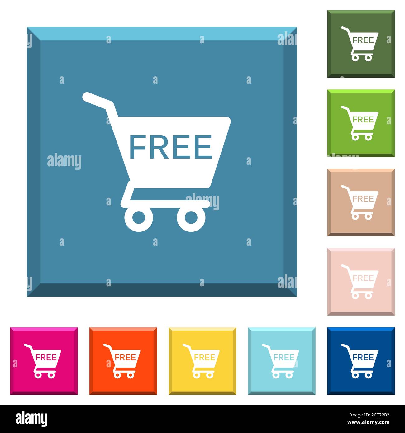 Free shopping cart white icons on edged square buttons in various ...