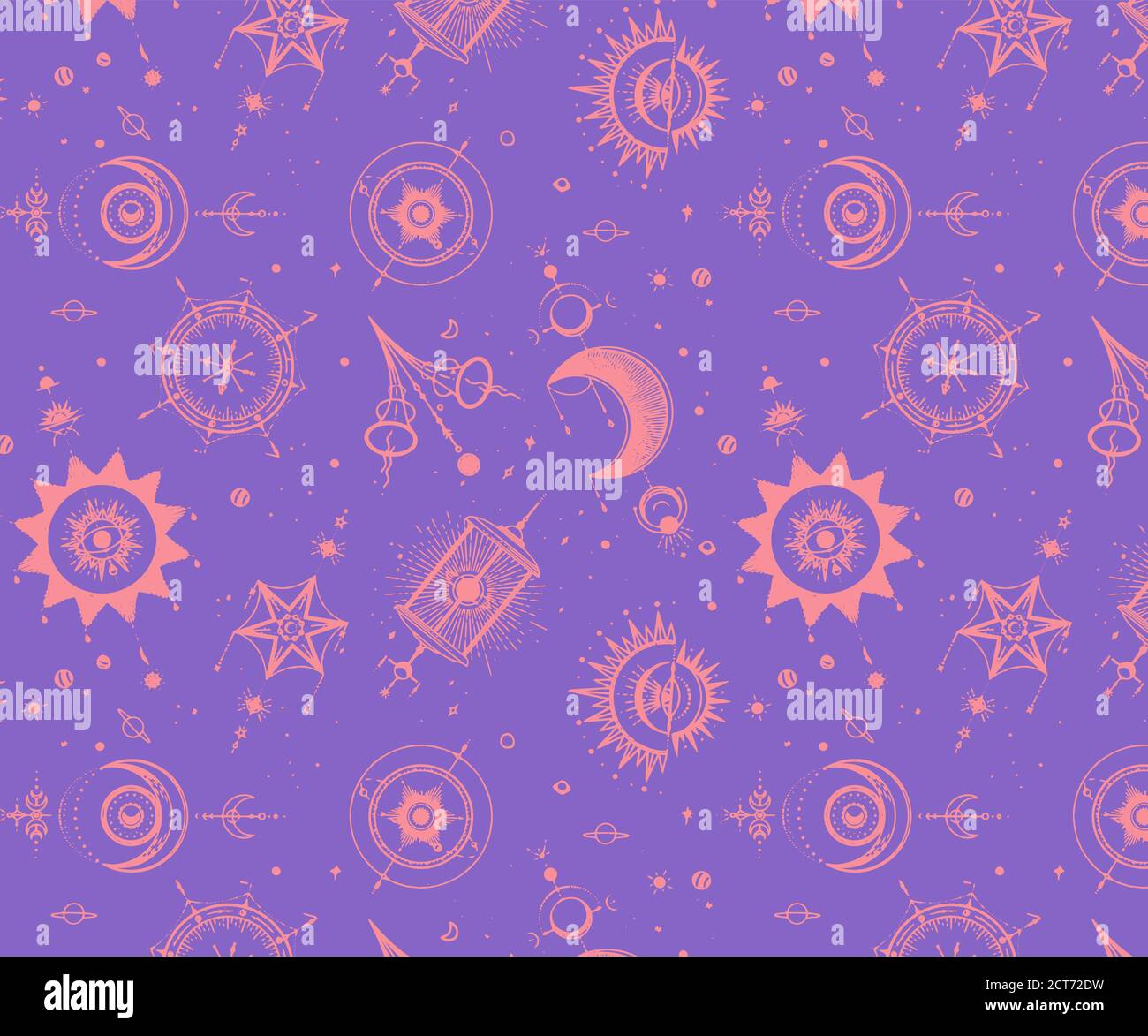 Wiccan seamless pattern with magic symbols. space and mystical objects ...