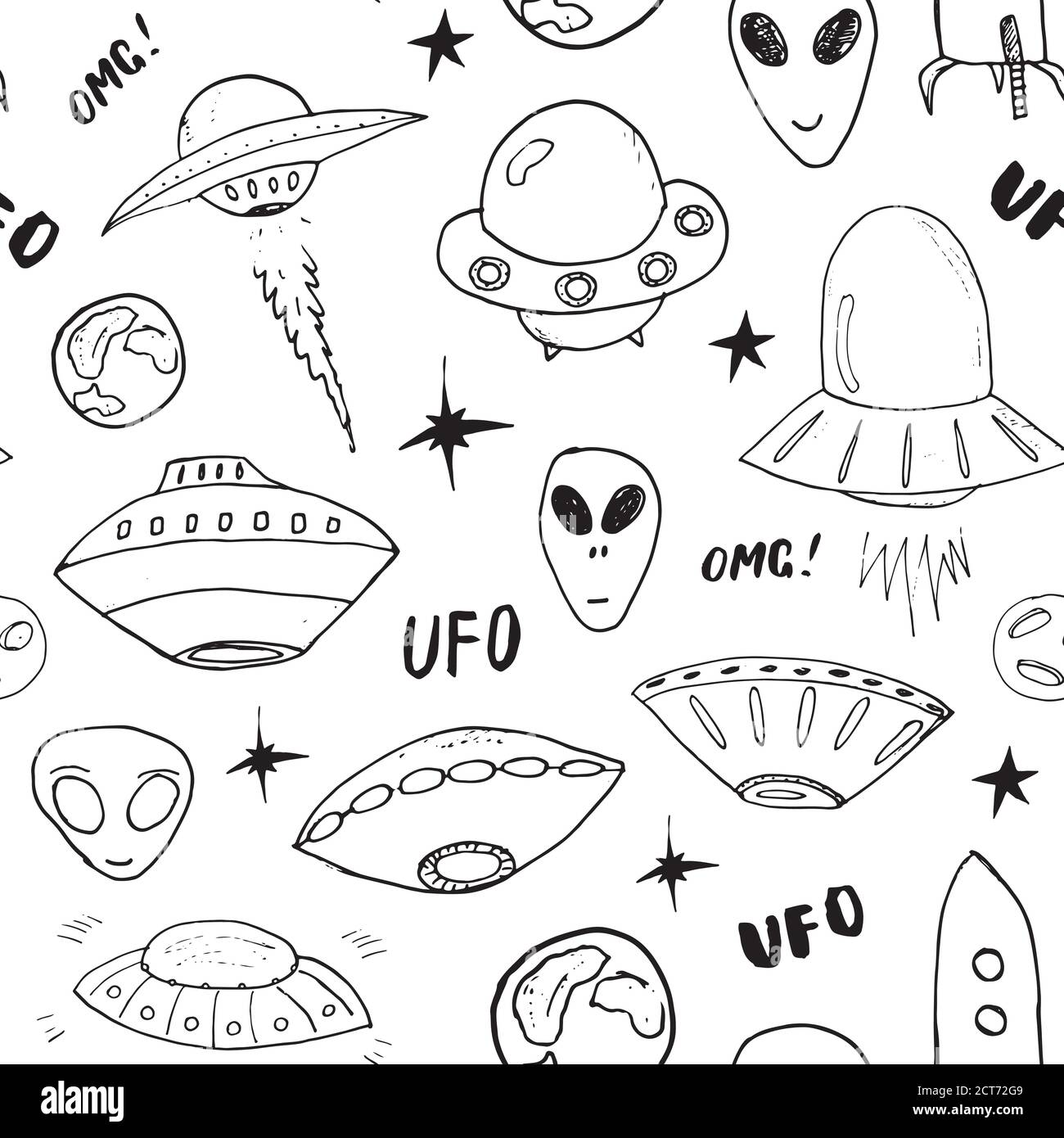 Ufo and aliens Seamless pattern. Cute Doodles space ships sketch. Hand ...