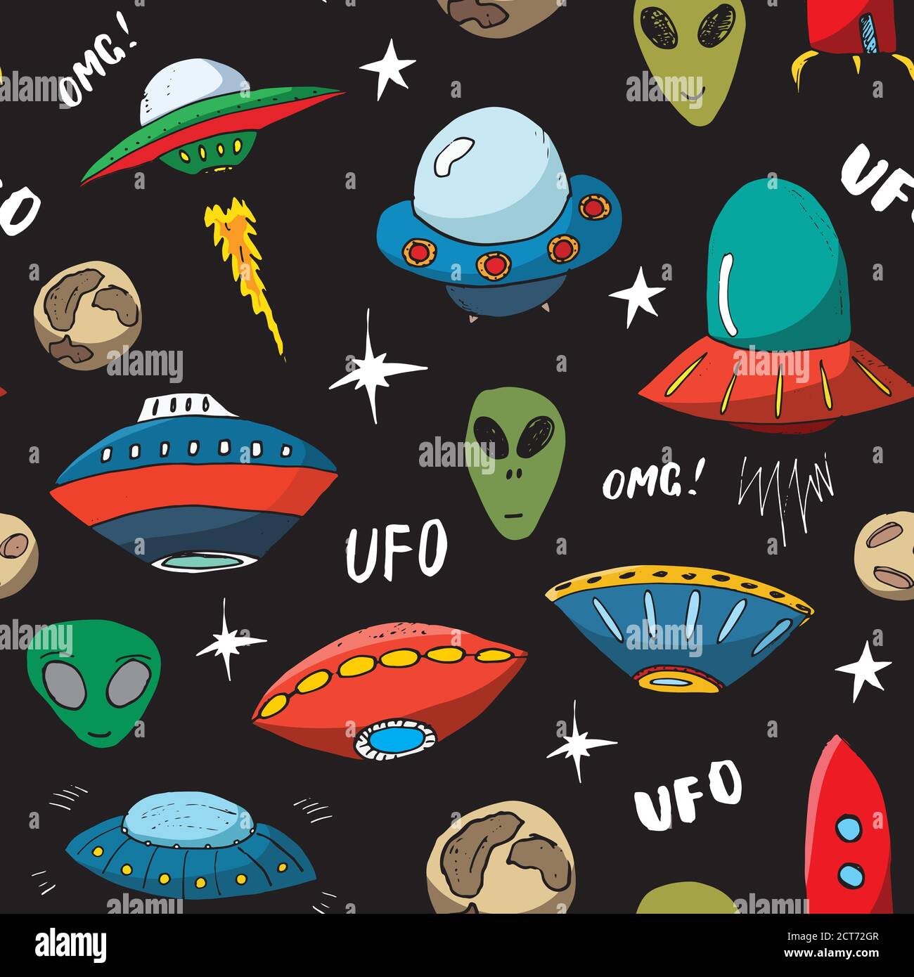 Ufo and aliens Seamless pattern. Cute Doodles space ships sketch. Hand ...