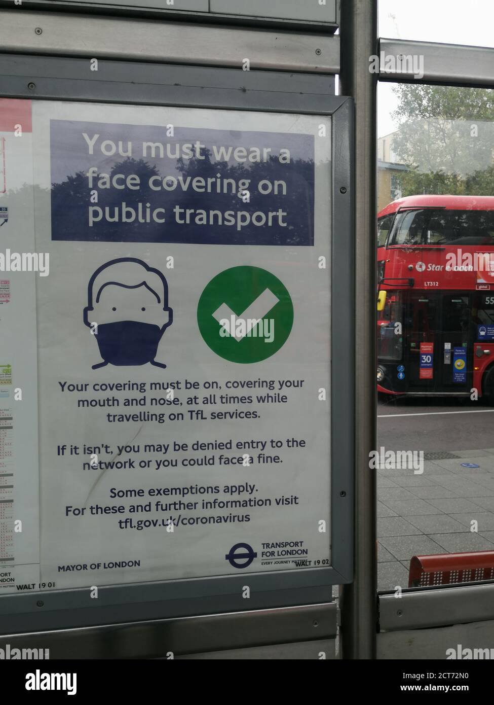 London, UK - 21/9/2020: Wear a mask sign for TFL buses for 'transport ...