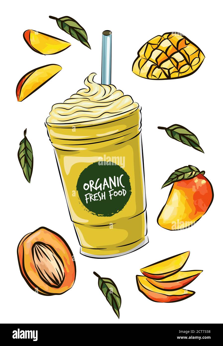 Homemade mango cocktail pouring into a takeaway cup with fresh fruits ...