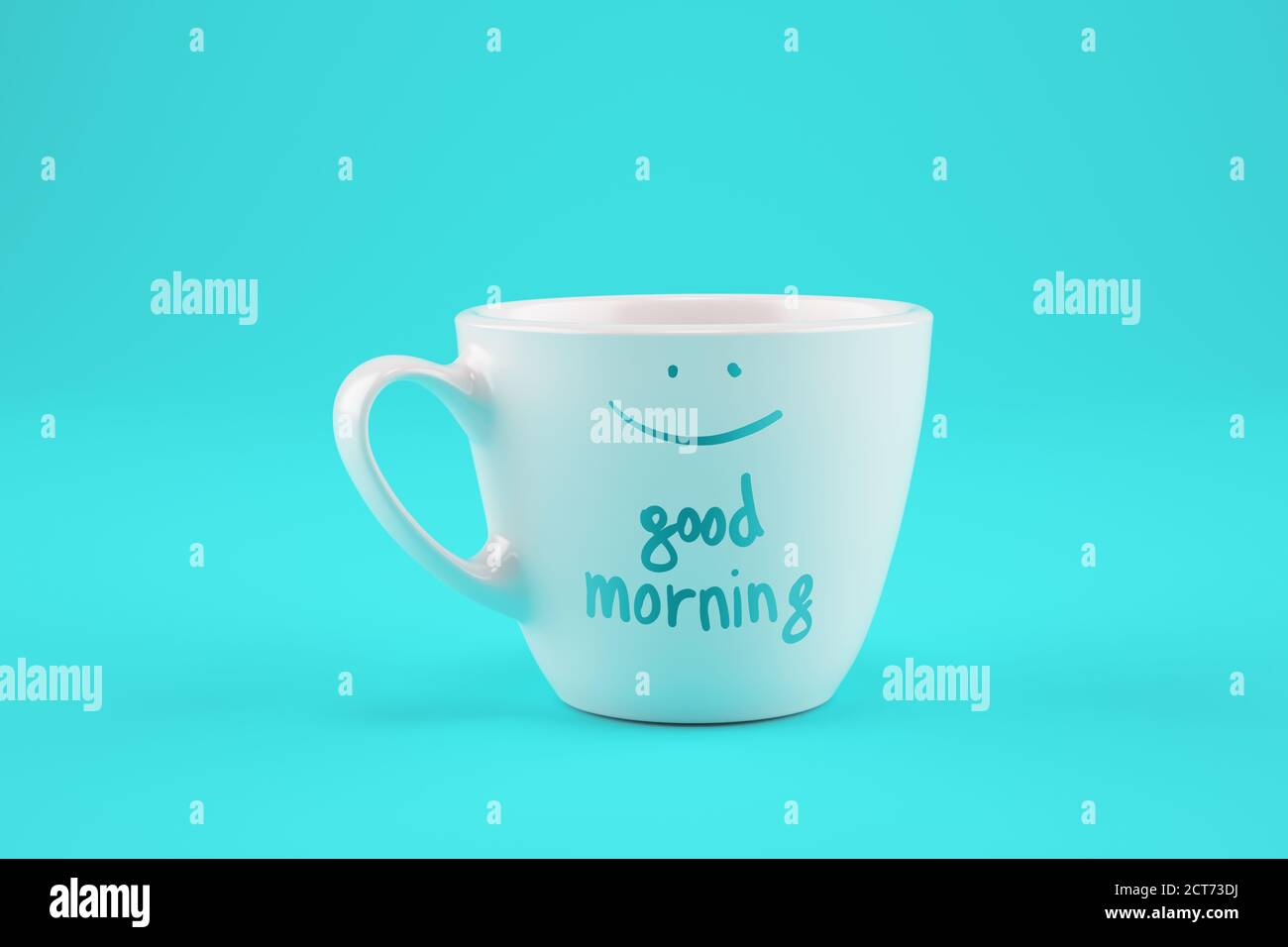 White cup of coffee on a cyan background with a wish for a good day ...