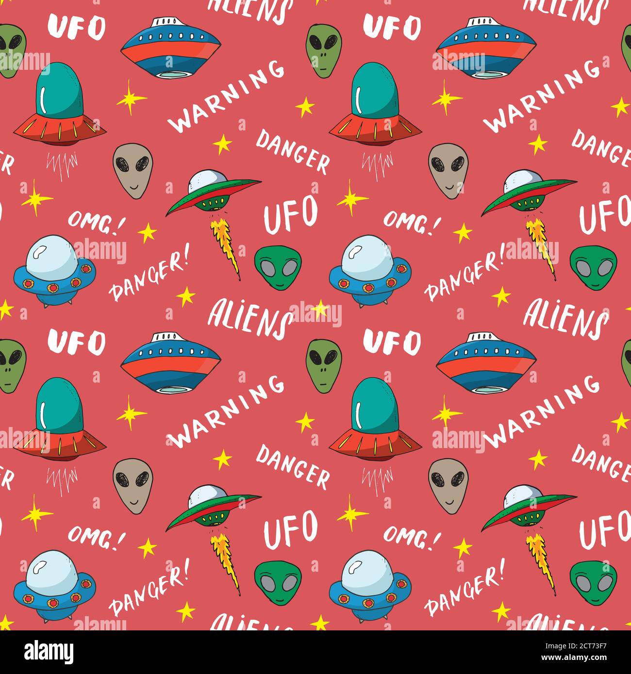 Ufo and aliens Seamless pattern. Cute Doodles space ships sketch. Hand ...