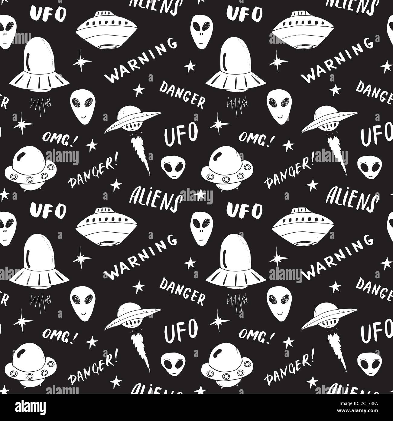 Ufo and aliens Seamless pattern. Cute Doodles space ships sketch. Hand ...