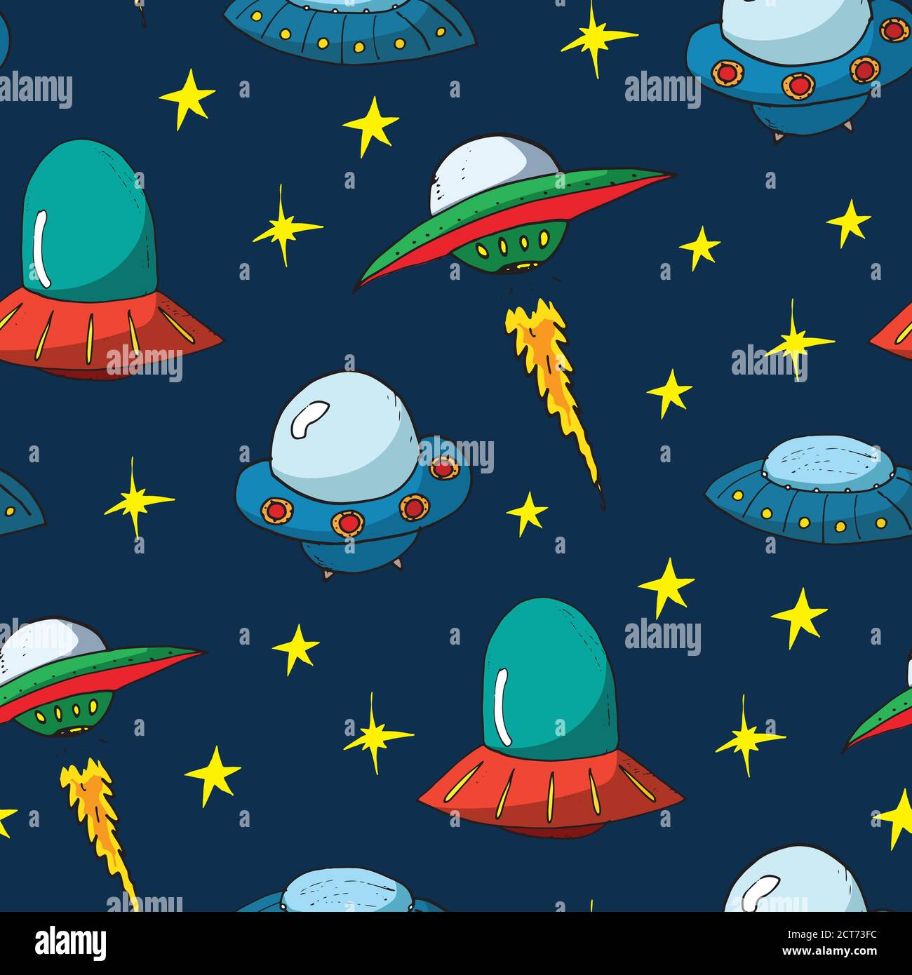 Ufo and aliens Seamless pattern. Cute Doodles space ships sketch. Hand ...