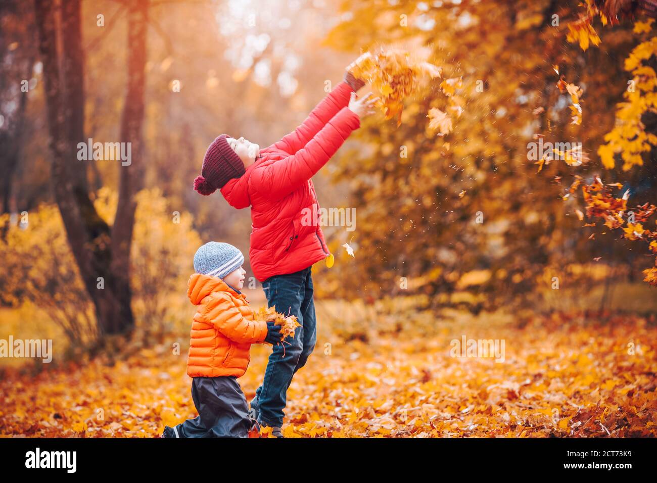 children throwing leaves in beautiful autumnal day Stock Photo - Alamy
