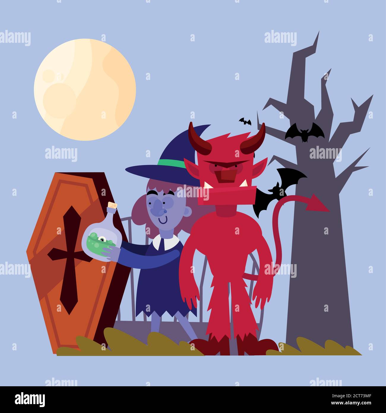 Halloween witch and devil cartoons with coffin design, Holiday and ...