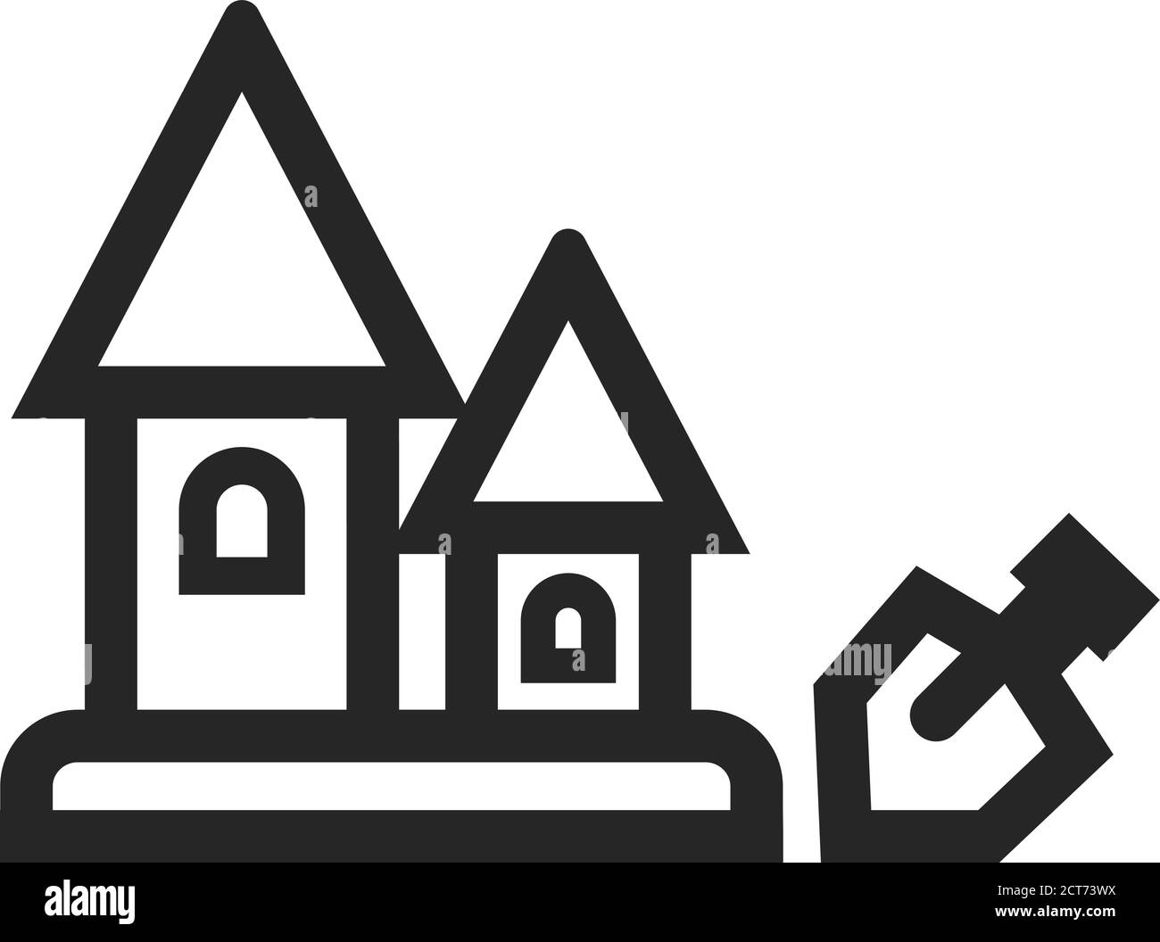 Sand castle icon in thick outline style. Black and white monochrome ...