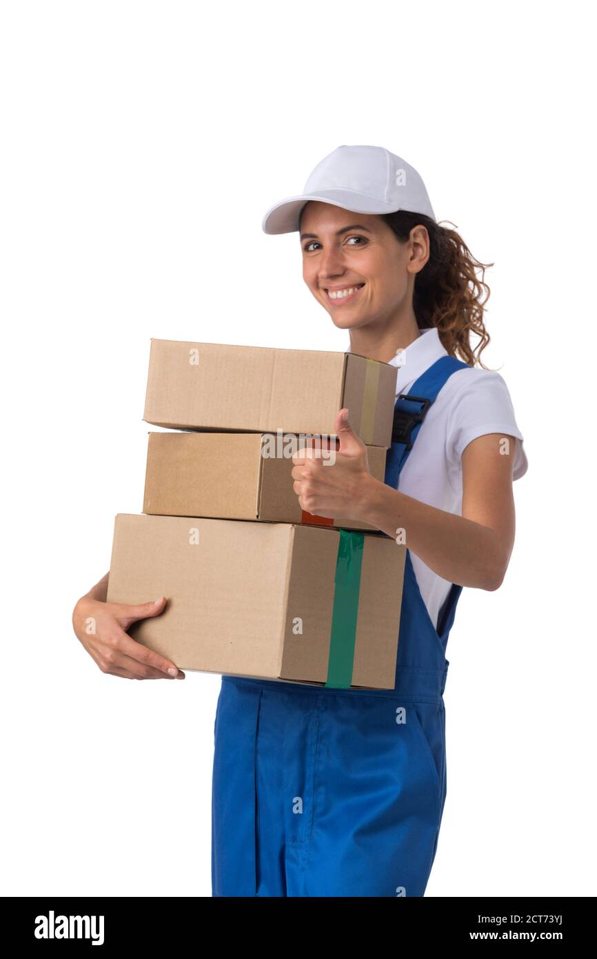 Portrait of happy smiling delivery woman with stack of boxes showing ...