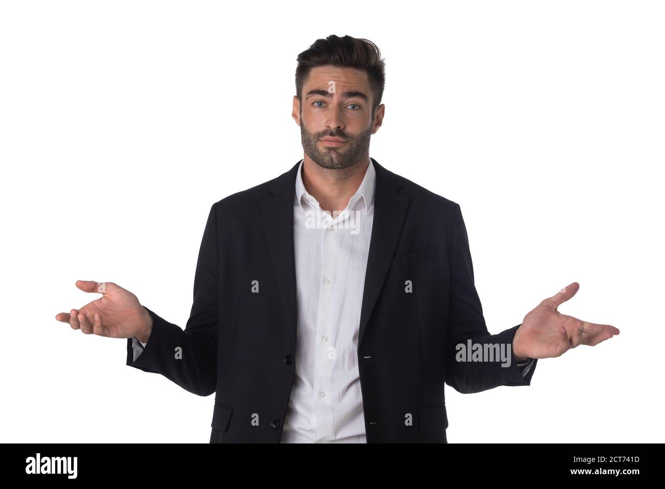 Portrait of confused clueless fruastrated business man shrug hands ...