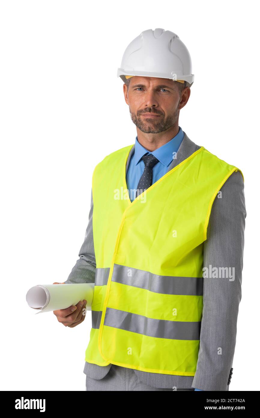 Portrait of male engeneer architect foreman in white hardhat and safety ...