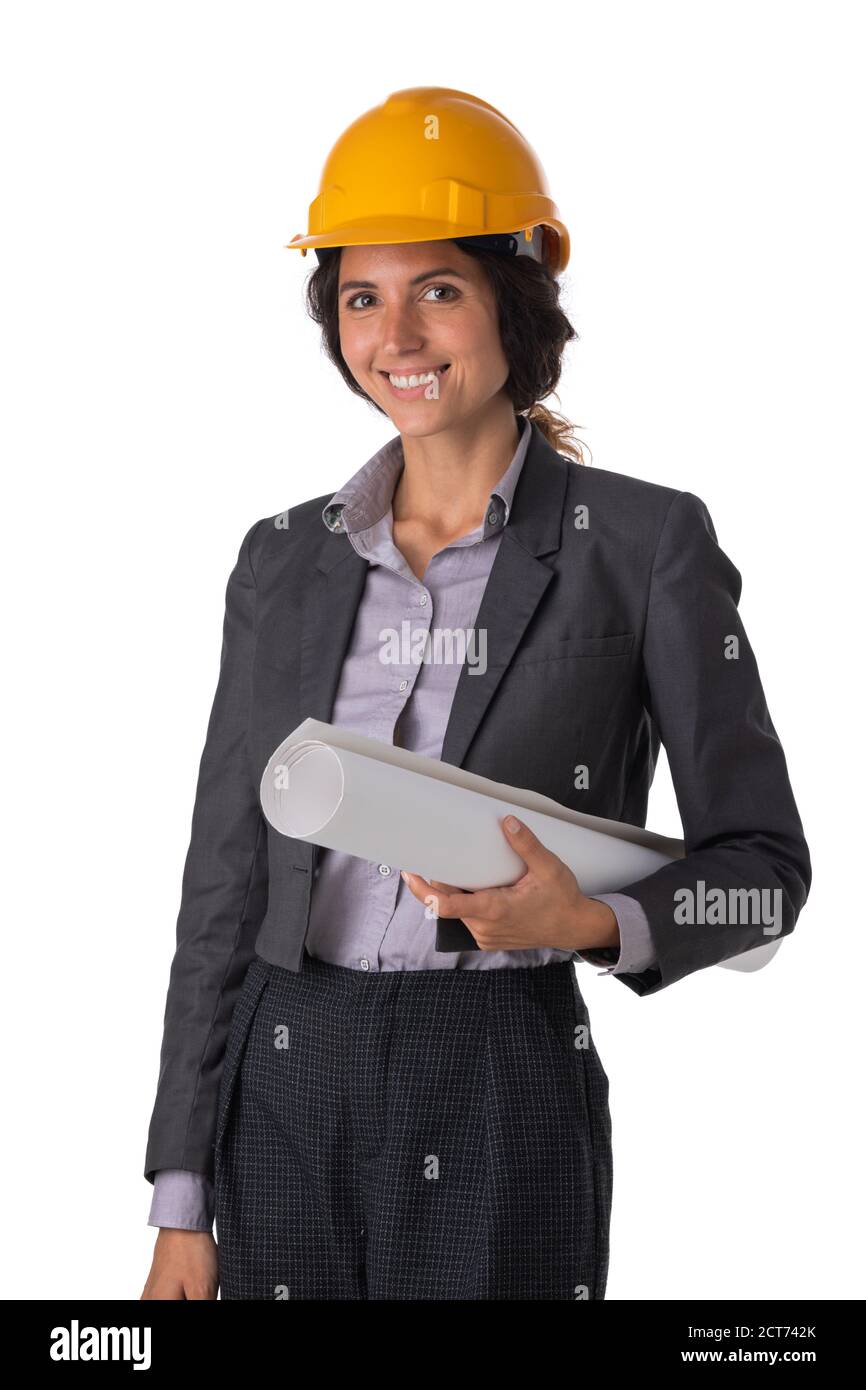Portrait of female engeneer architect in yellow hardhat and business ...