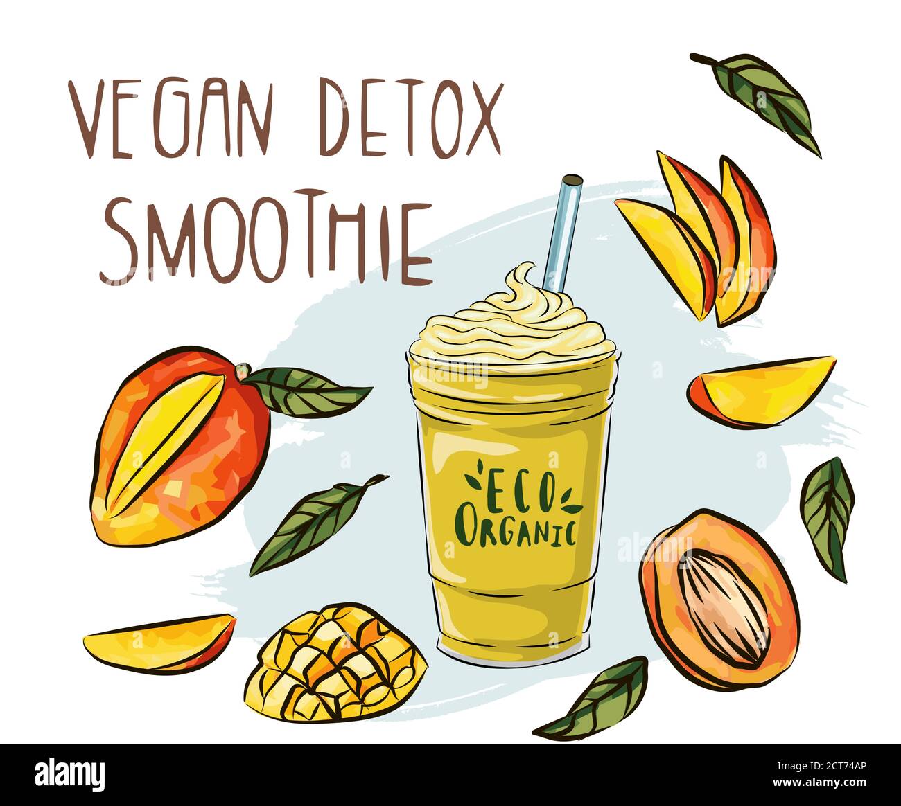 Homemade mango cocktail pouring into a takeaway cup with fresh fruits ...