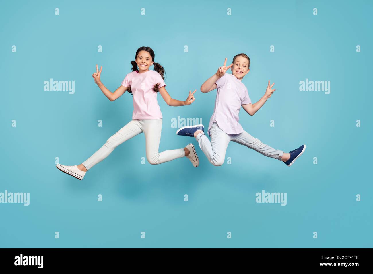 Full length body size view of two attractive small little cheerful best ...