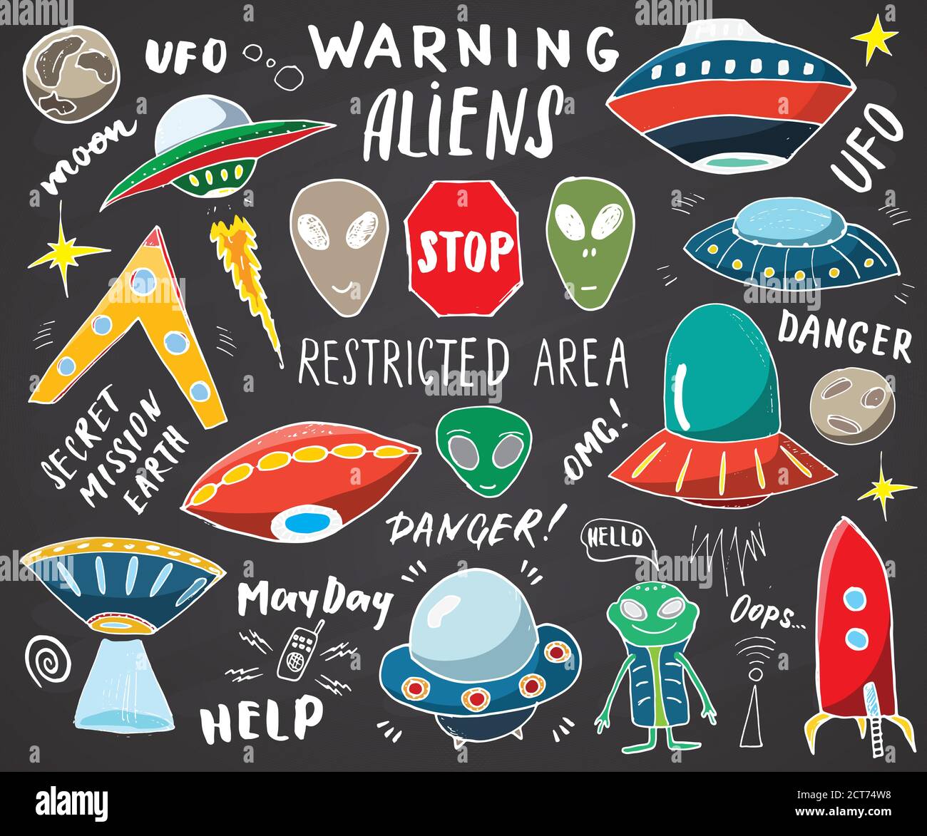Aliens and Ufo Hand Drawn sketch Set. Cute Cartoon alien spaceships ...