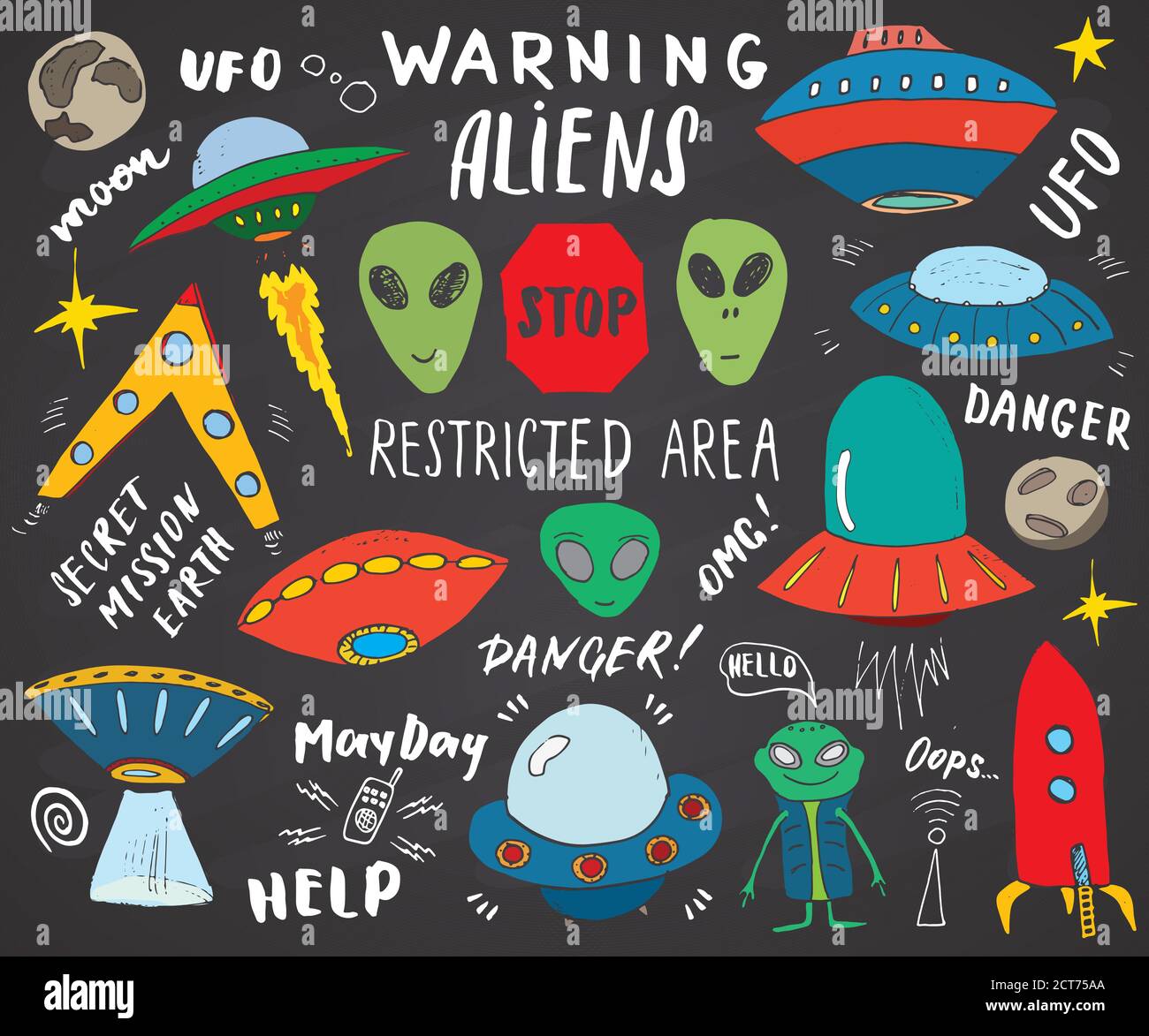 Aliens and Ufo Hand Drawn sketch Set. Cute Cartoon alien spaceships ...