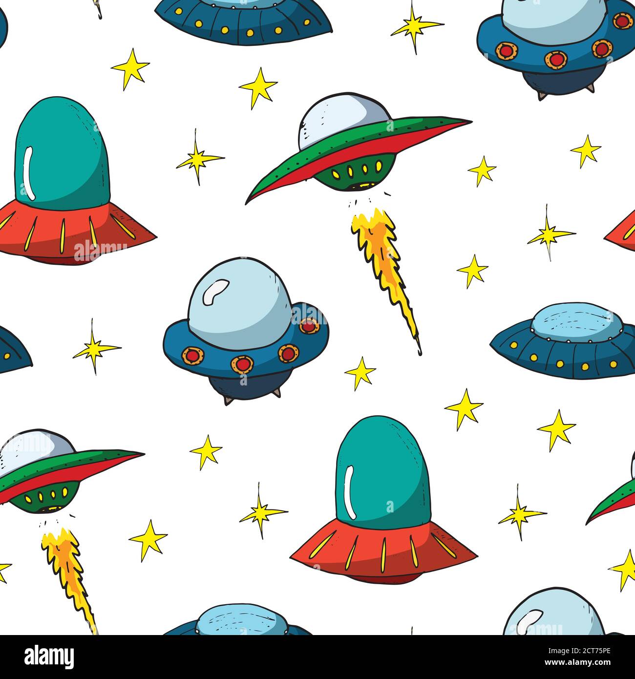 Ufo and aliens Seamless pattern. Cute Doodles space ships sketch. Hand ...