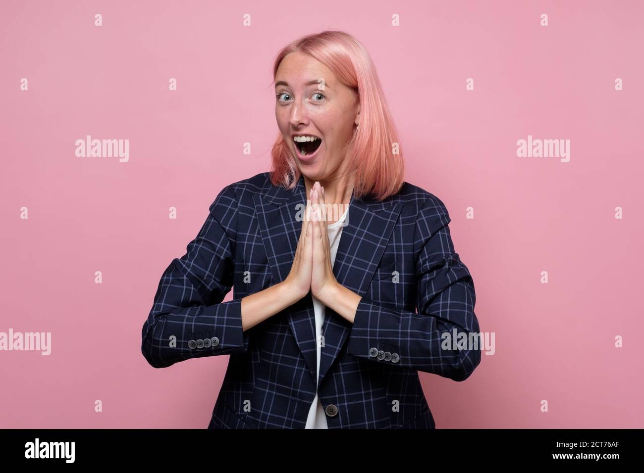 Glad positive cheerful woman with opened mouth, clapping palms Stock ...