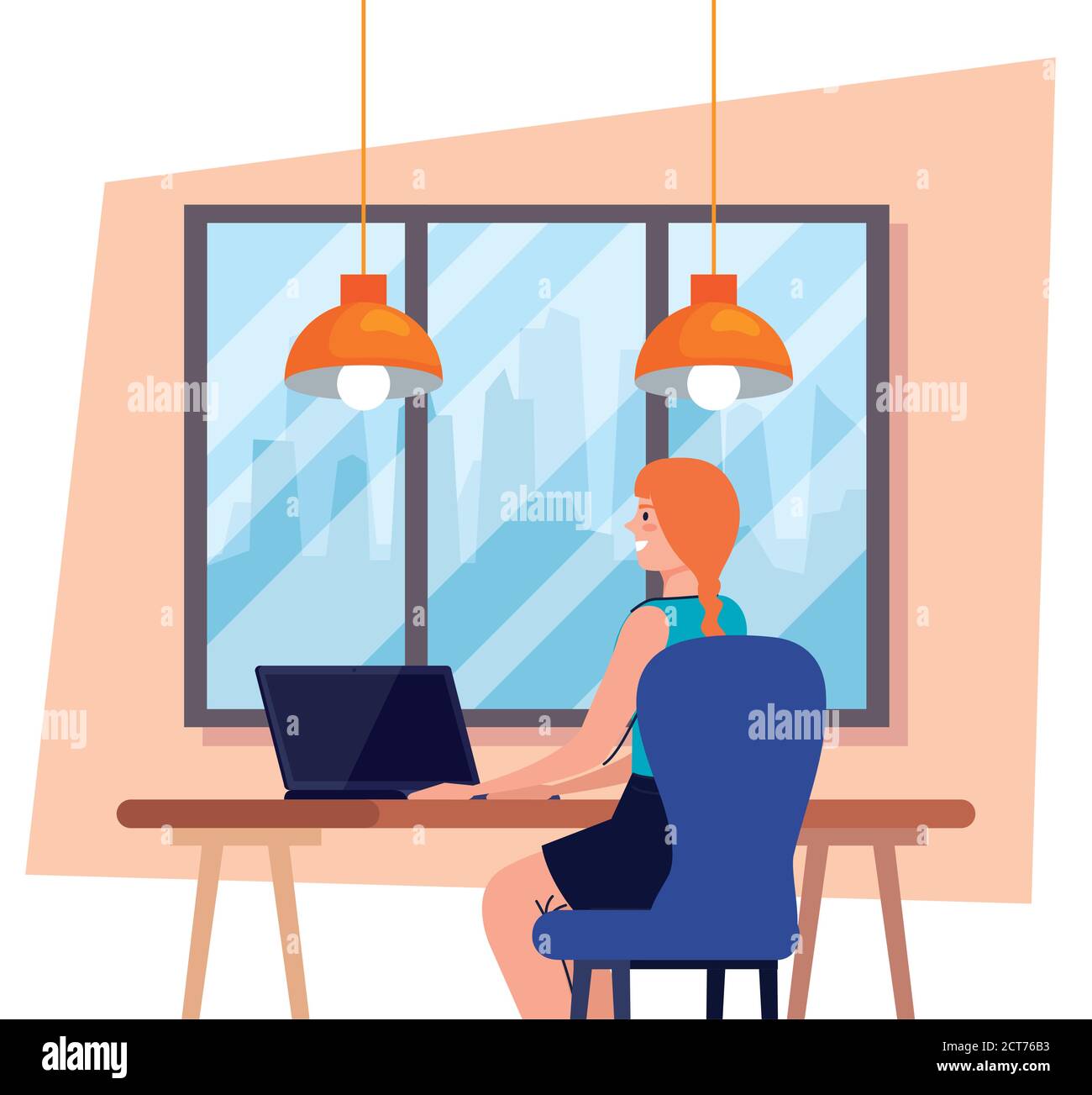 woman using laptop computer on desk, working online Stock Vector Image ...