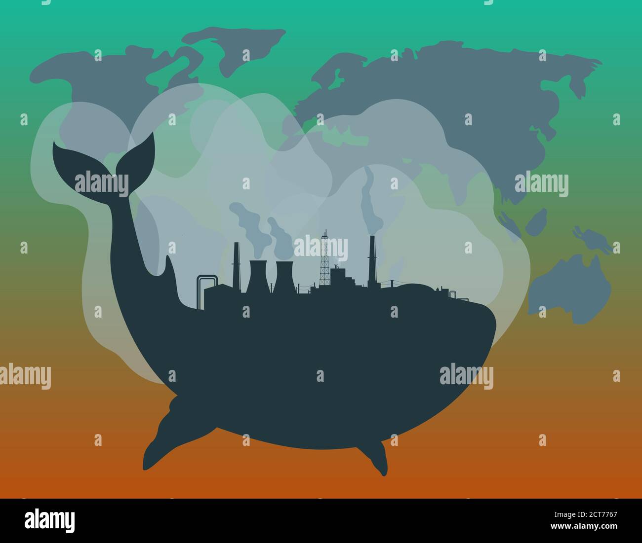 Silhouette of a whale with industrial buildings on its back against the ...