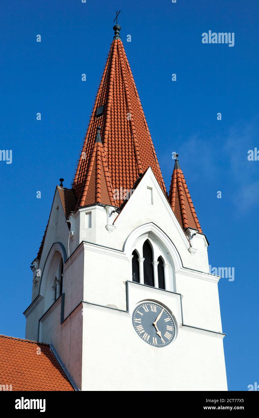 The spire of Silute town Evangelical Lutheran Church that has the ...