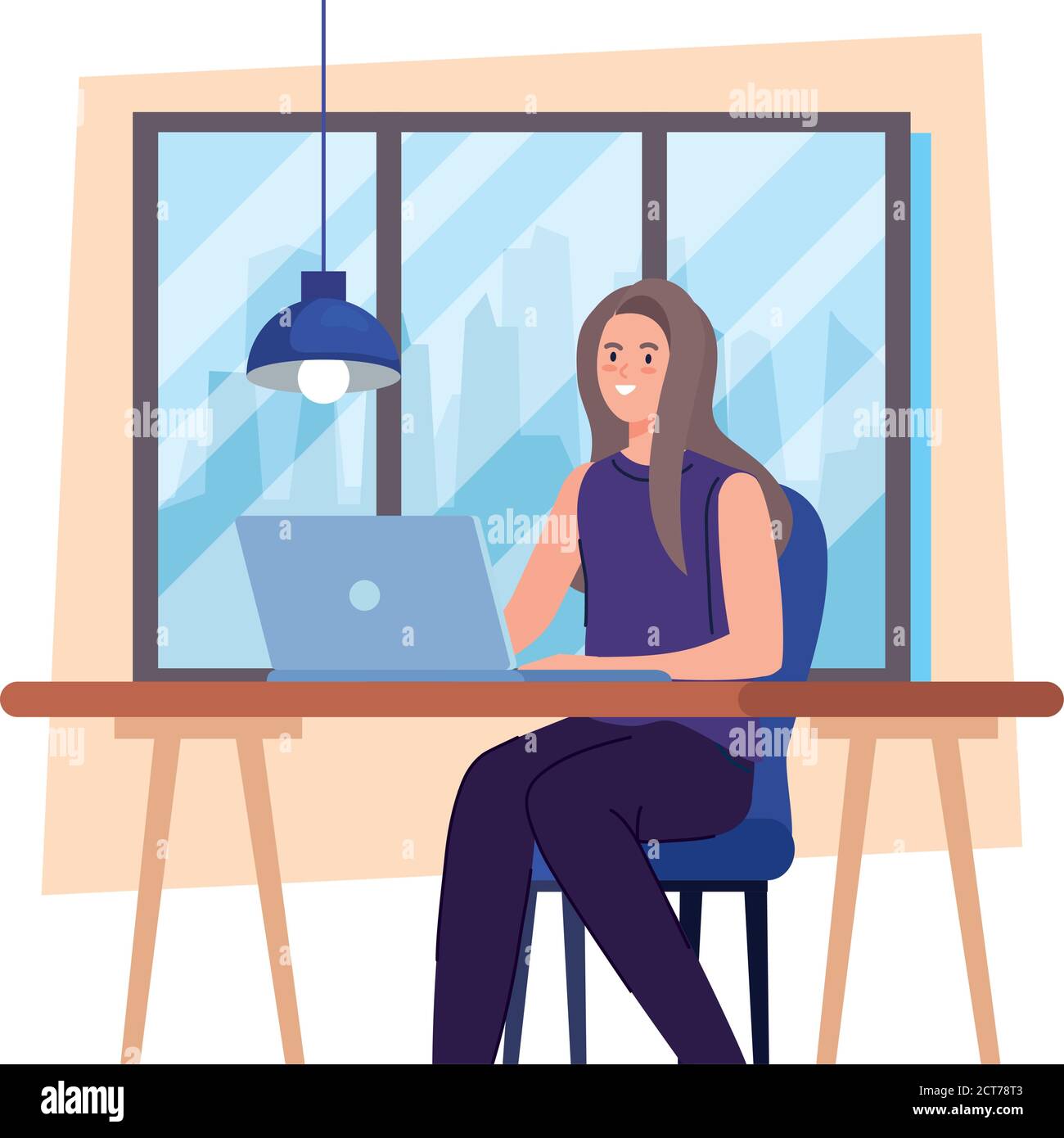 young woman using laptop computer on desk, working online Stock Vector ...
