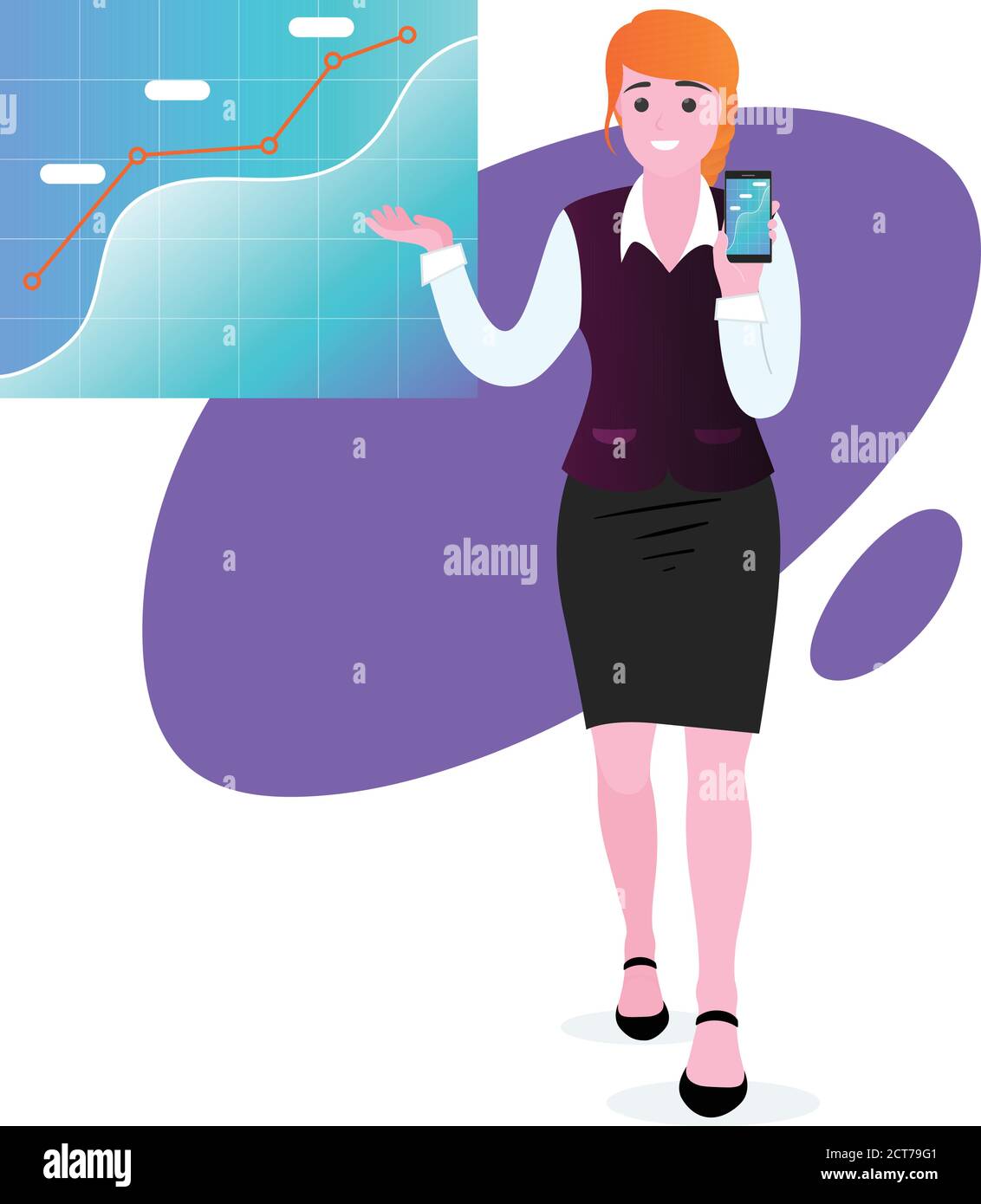 Female office worker showing graphic chart in large screen and ...