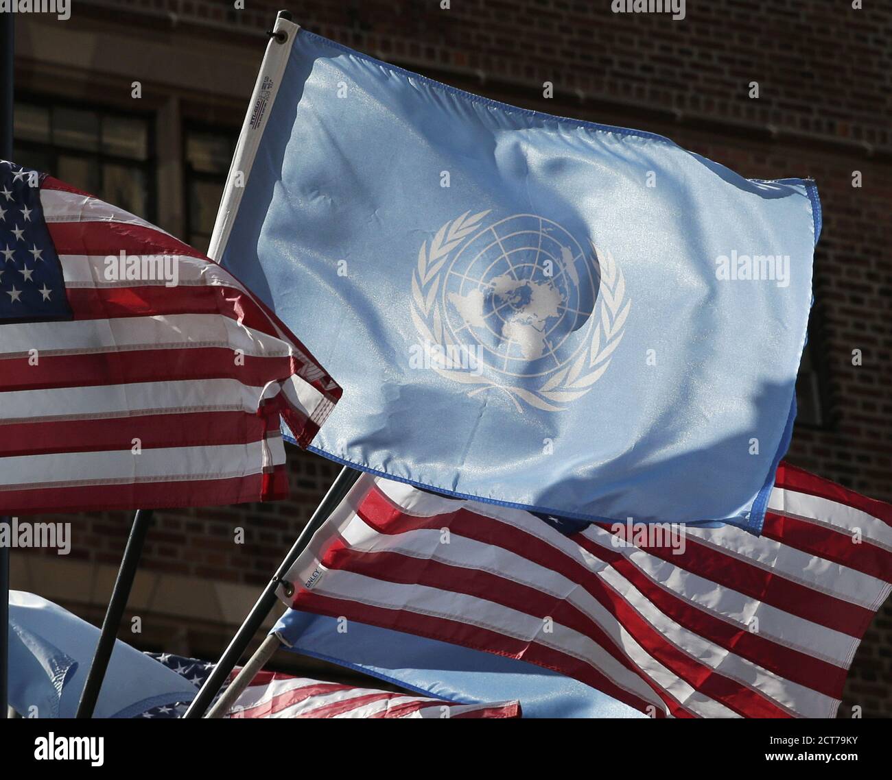 New York, United States. 21st Sep, 2020. UN and American flags flutter ...