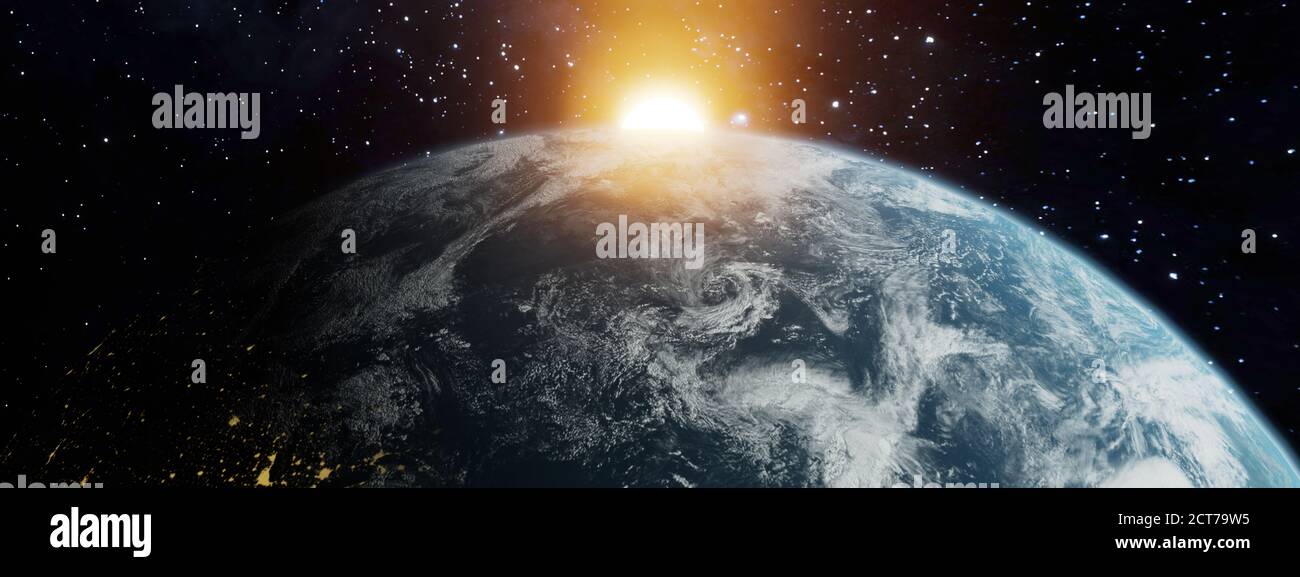 3d Rendering Panoramic Earth with sun gazing over the top Elements of ...