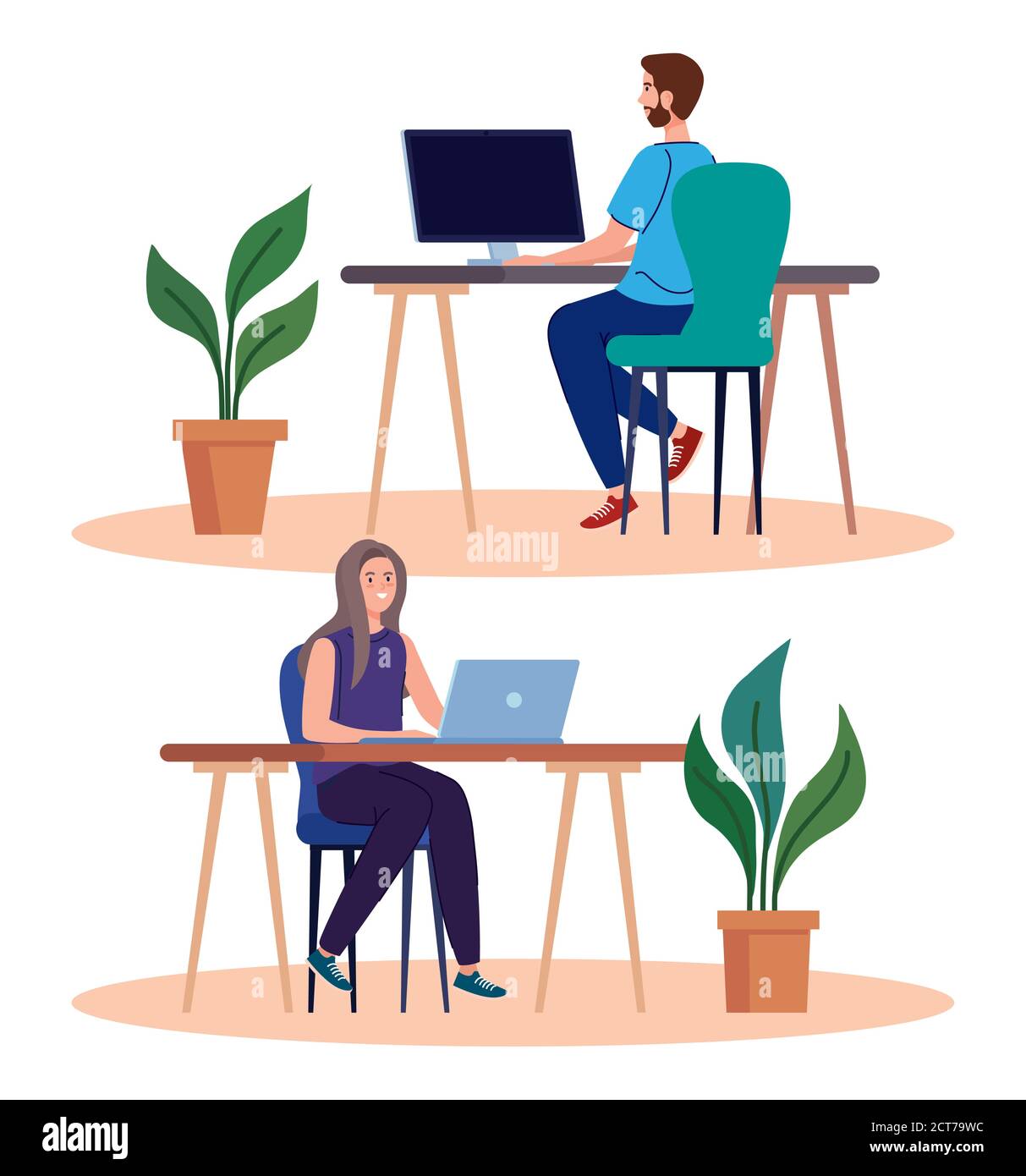 coworking space, couple in desks with computers, team working concept ...