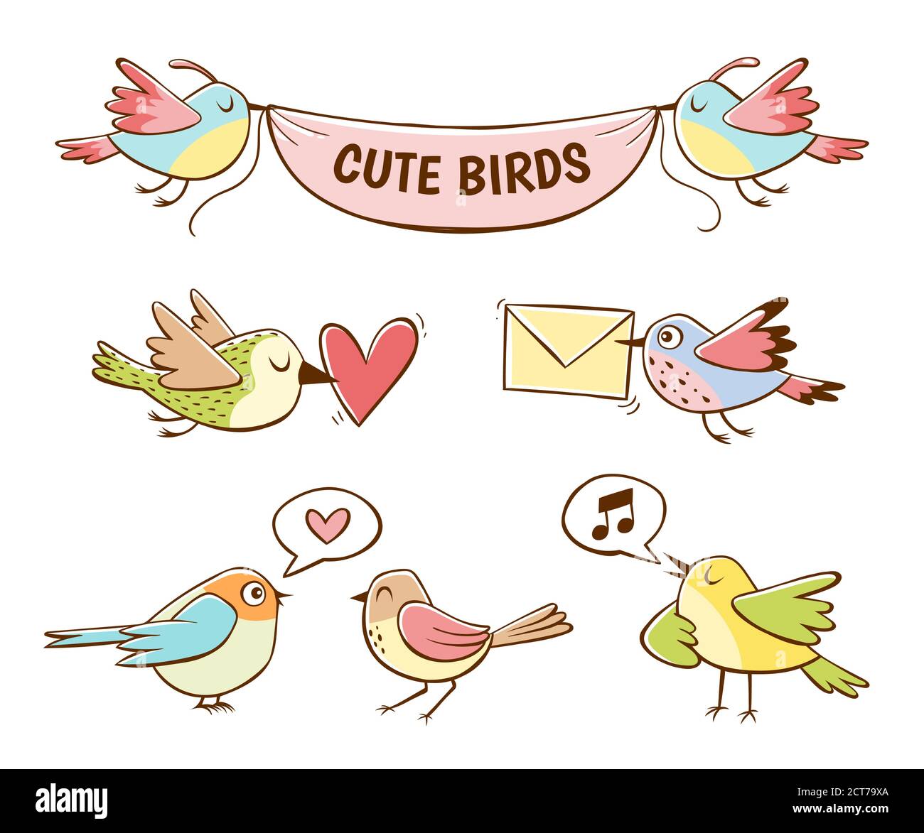 Colorful cute bird icons, isolated on white background. Hand drawn ...