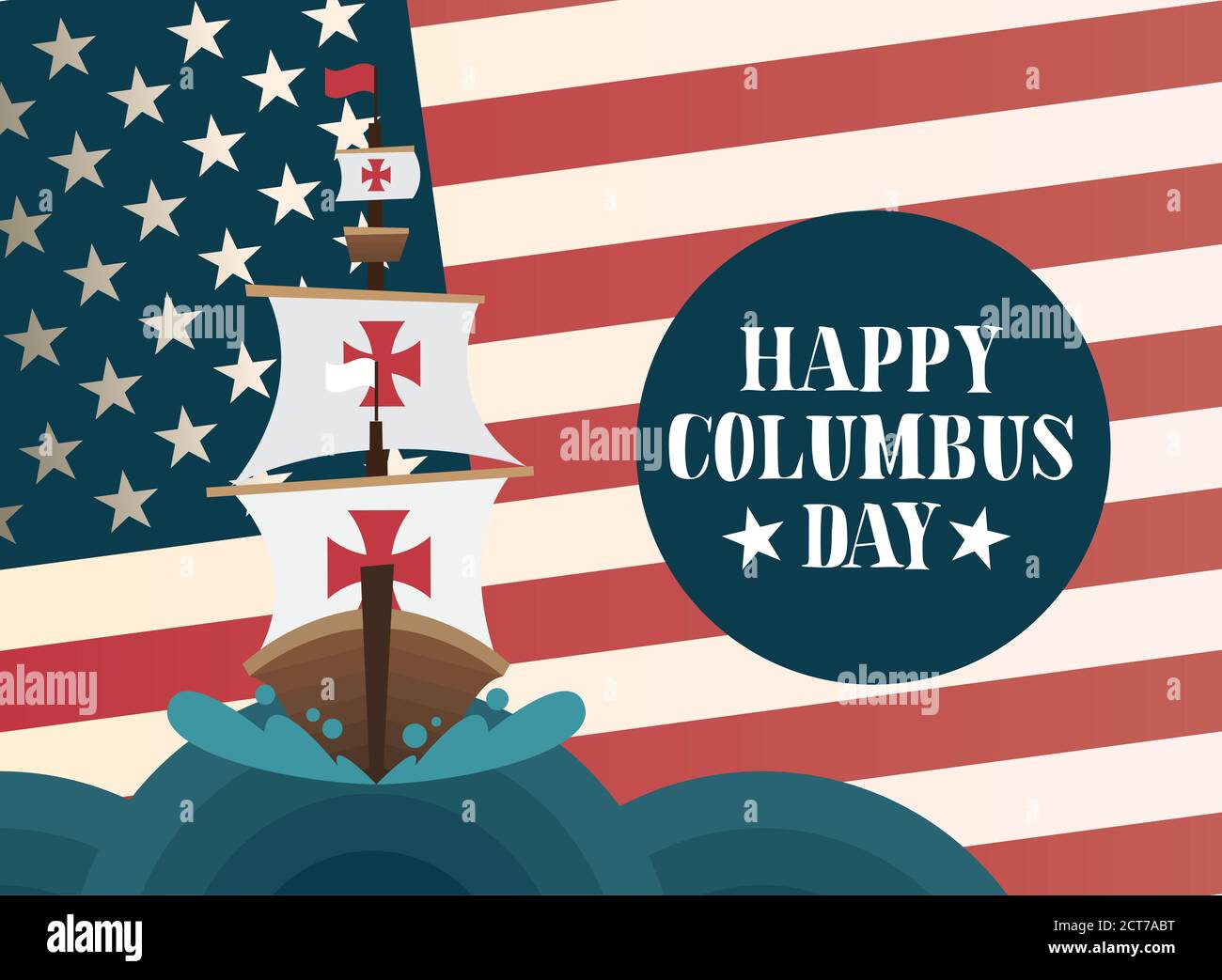 Columbus ship in front of flag design of happy columbus day america and ...