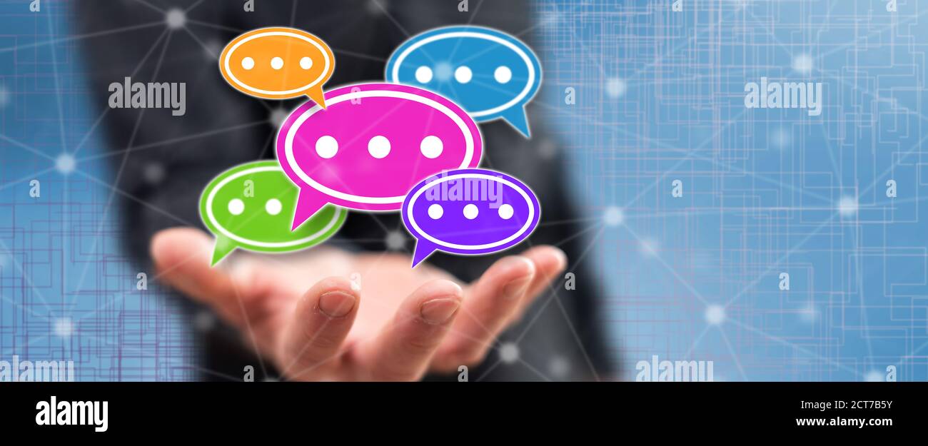 Communication concept above the hand of a man in background Stock Photo ...