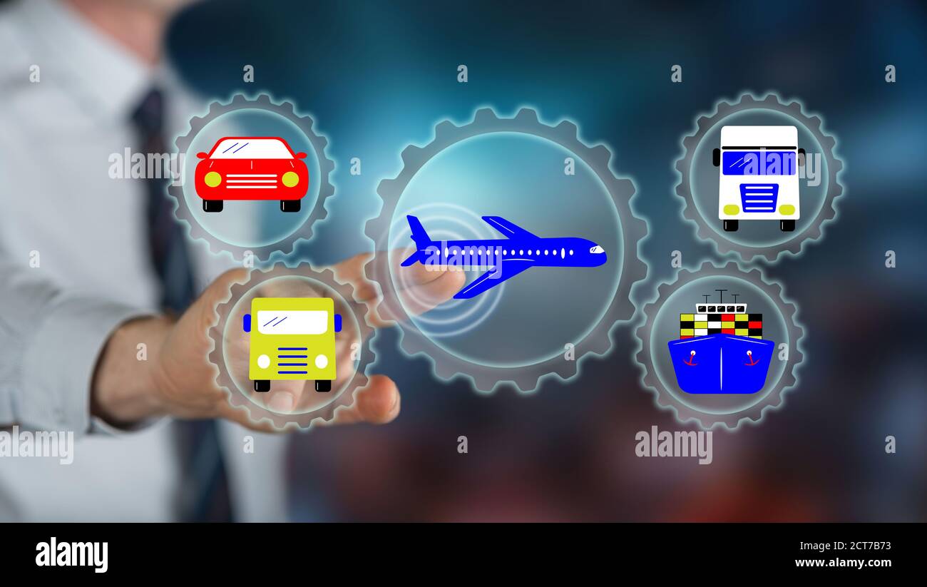 Man touching a transportation concept on a touch screen with his finger ...