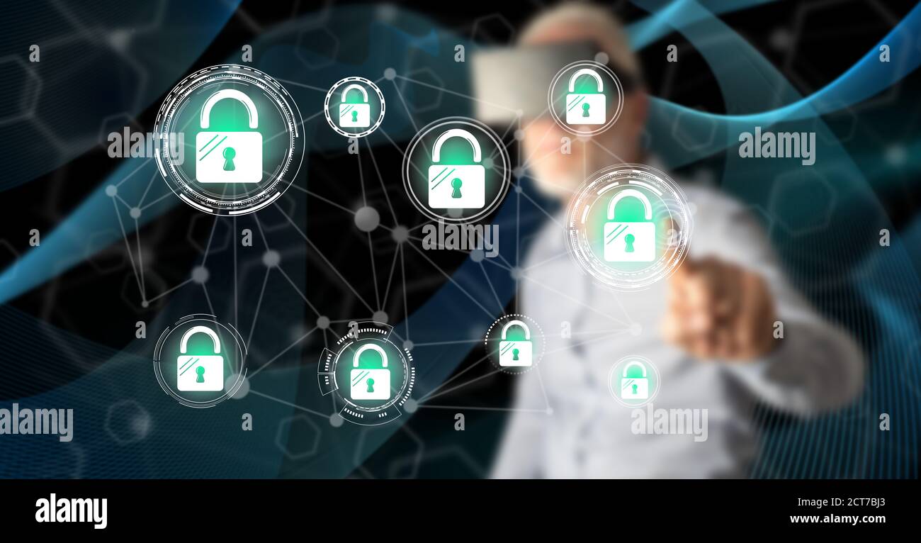 Man with vr headset touching a network safety concept on a touch screen ...