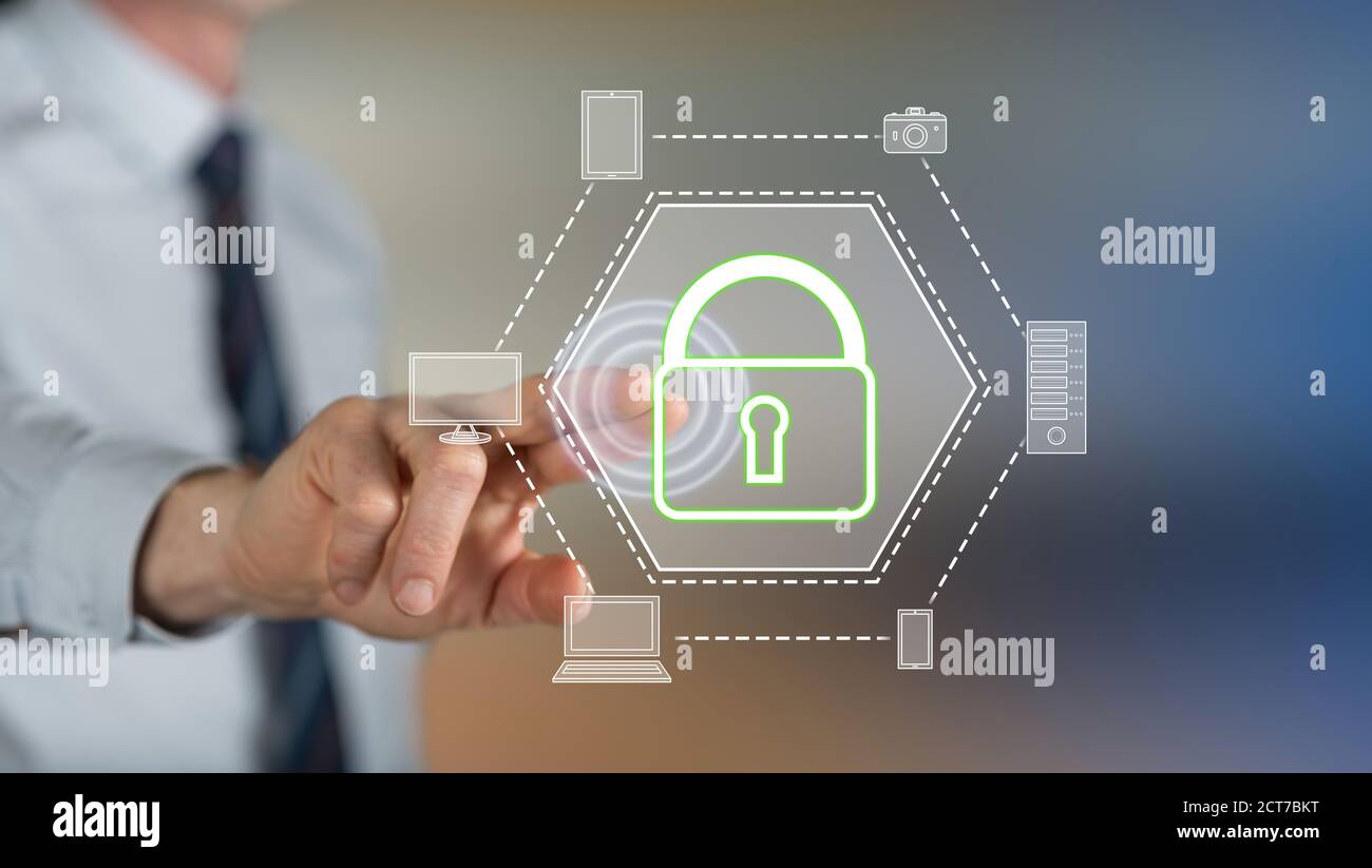 Man touching a devices security concept on a touch screen with his ...