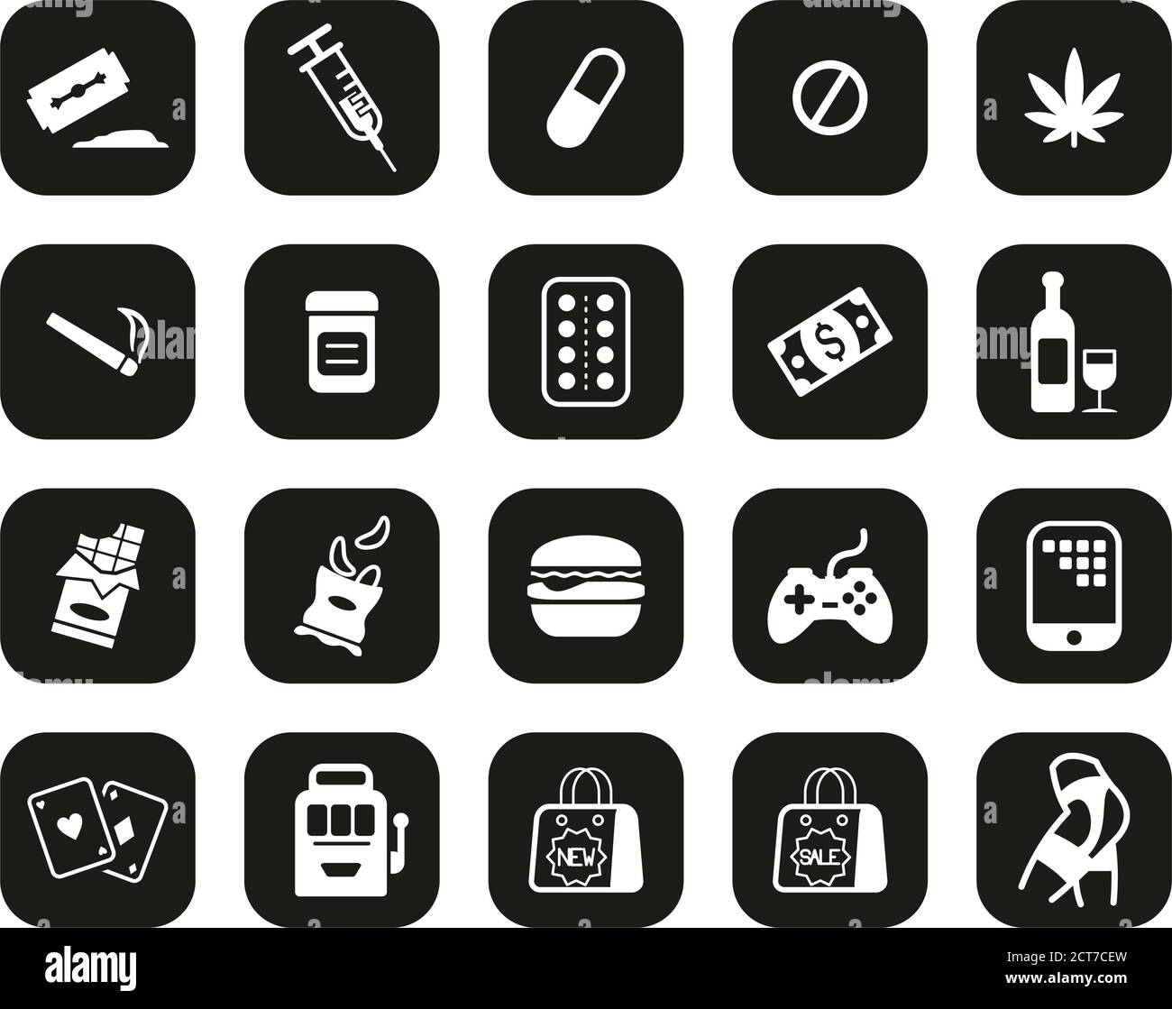 Addiction Icons White On Black Flat Design Set Big Stock Vector Image ...