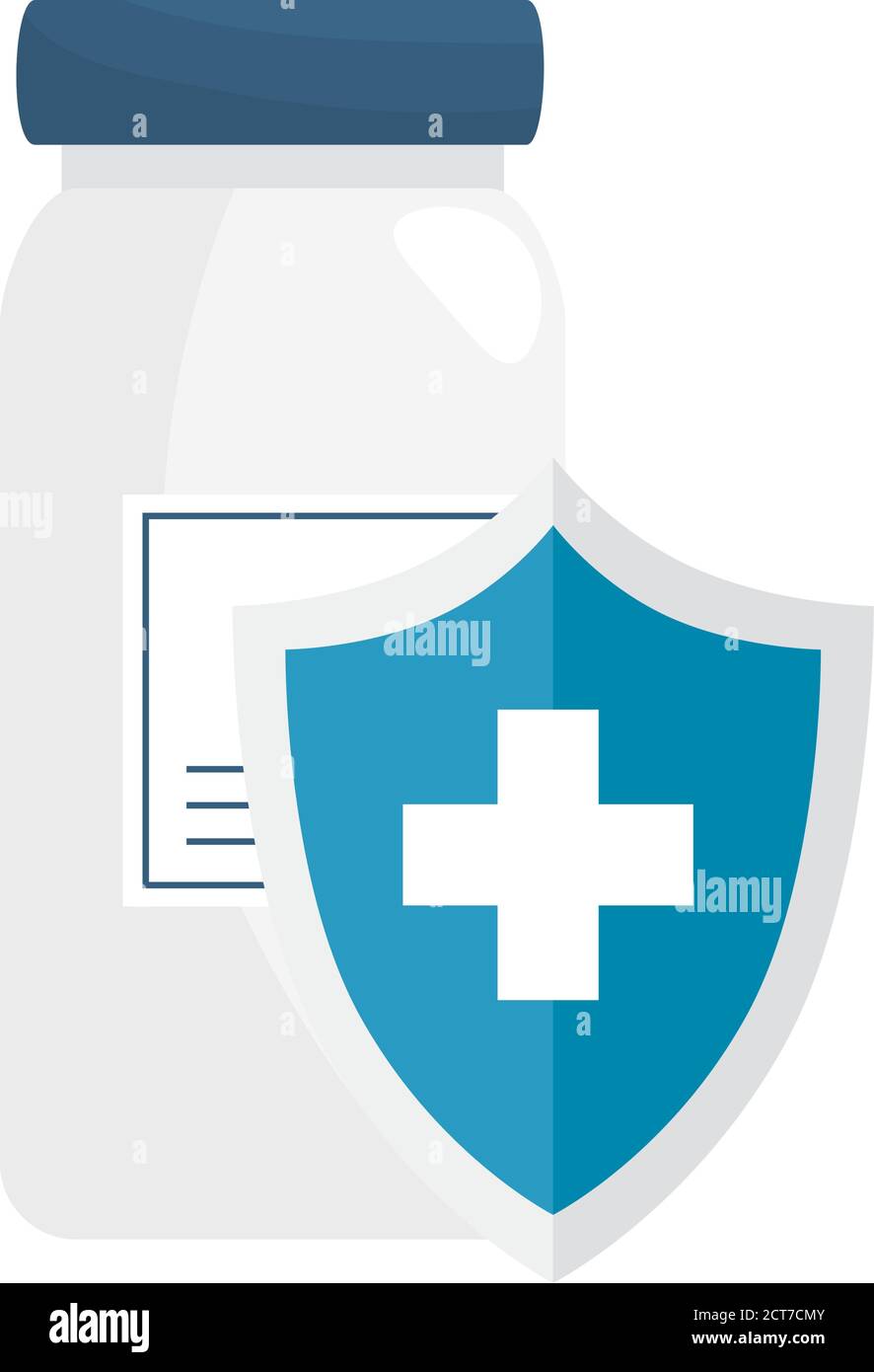 laboratory bottle with label and cross shield vector design Stock ...