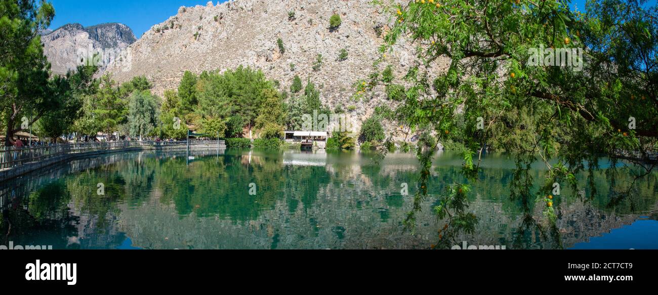 Zaros Lake on Crete Island, Greece. Panoramic view of Zaros lake with ...