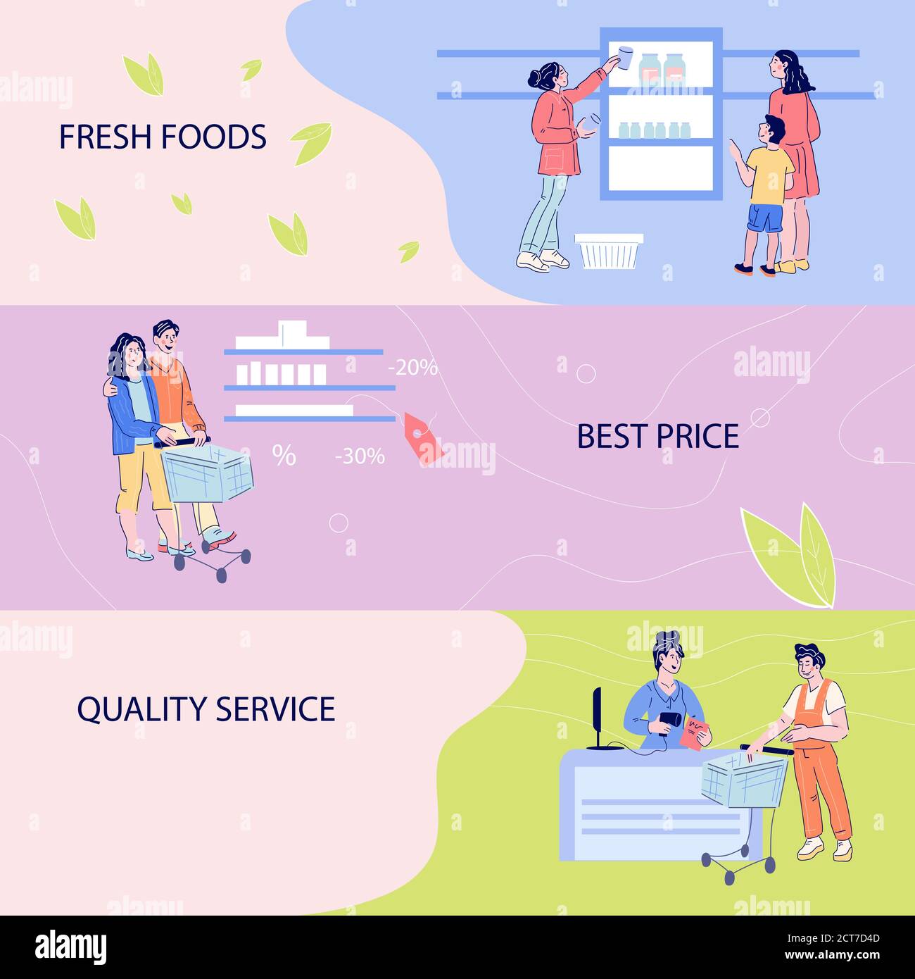 Set of horizontal banners or flyers with people shopping in supermarket ...