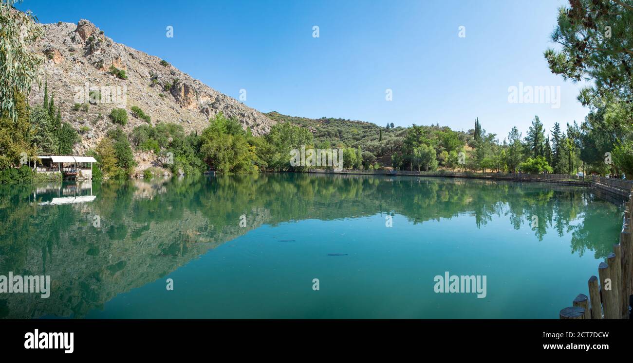 Zaros Lake on Crete Island, Greece. Panoramic view of Zaros lake with ...