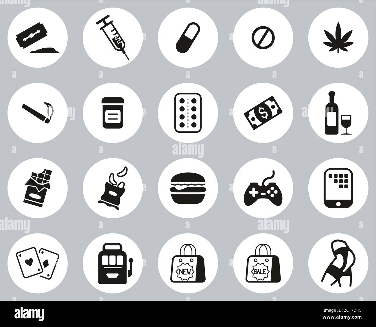 Addiction Icons Black & White Flat Design Circle Set Big Stock Vector ...