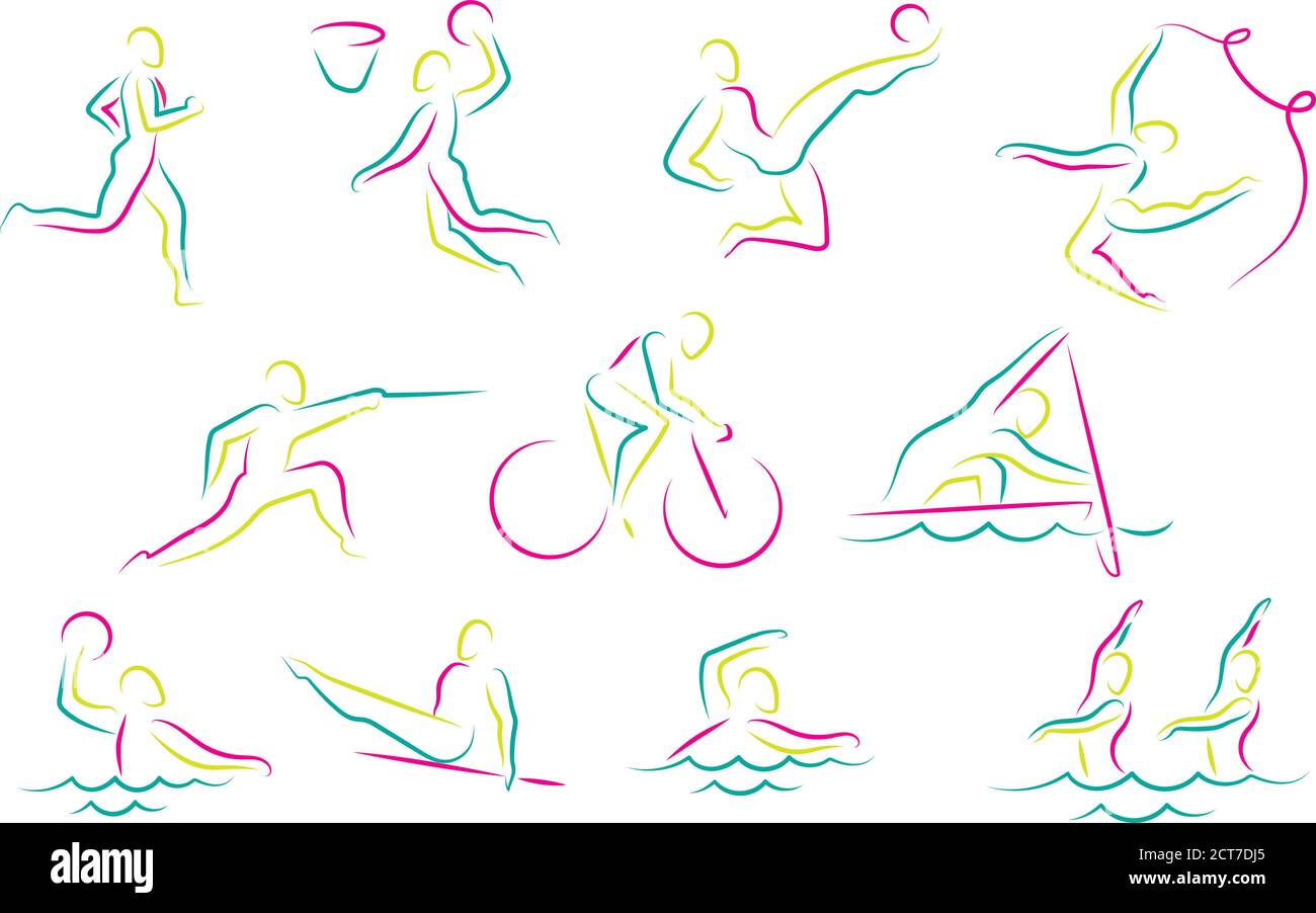 Summer sports icon set isolated silhouettes of athletes Different kinds ...
