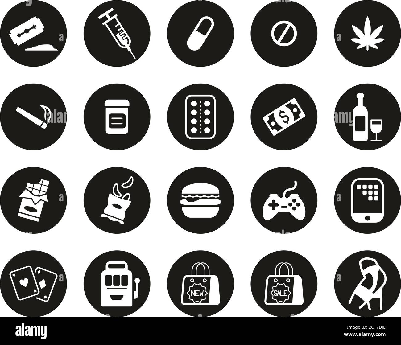 Addiction Icons White On Black Flat Design Circle Set Big Stock Vector ...