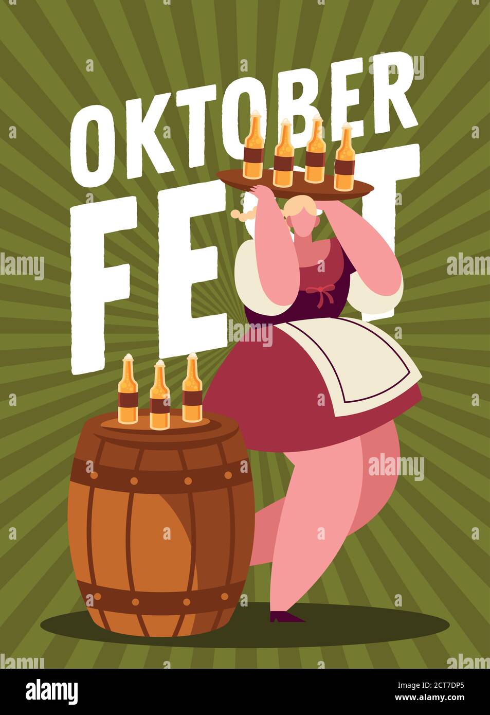 woman cartoon with beer bottles on barrel design, Oktoberfest germany ...