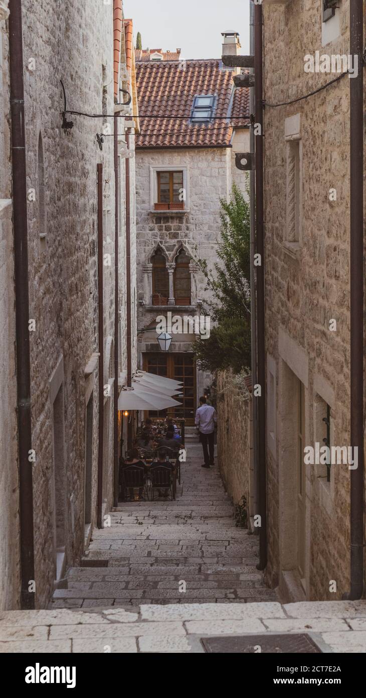 Hvar/ Croatia-August 6th, 2020: Steep, narrow, stone streets of Hvar ...