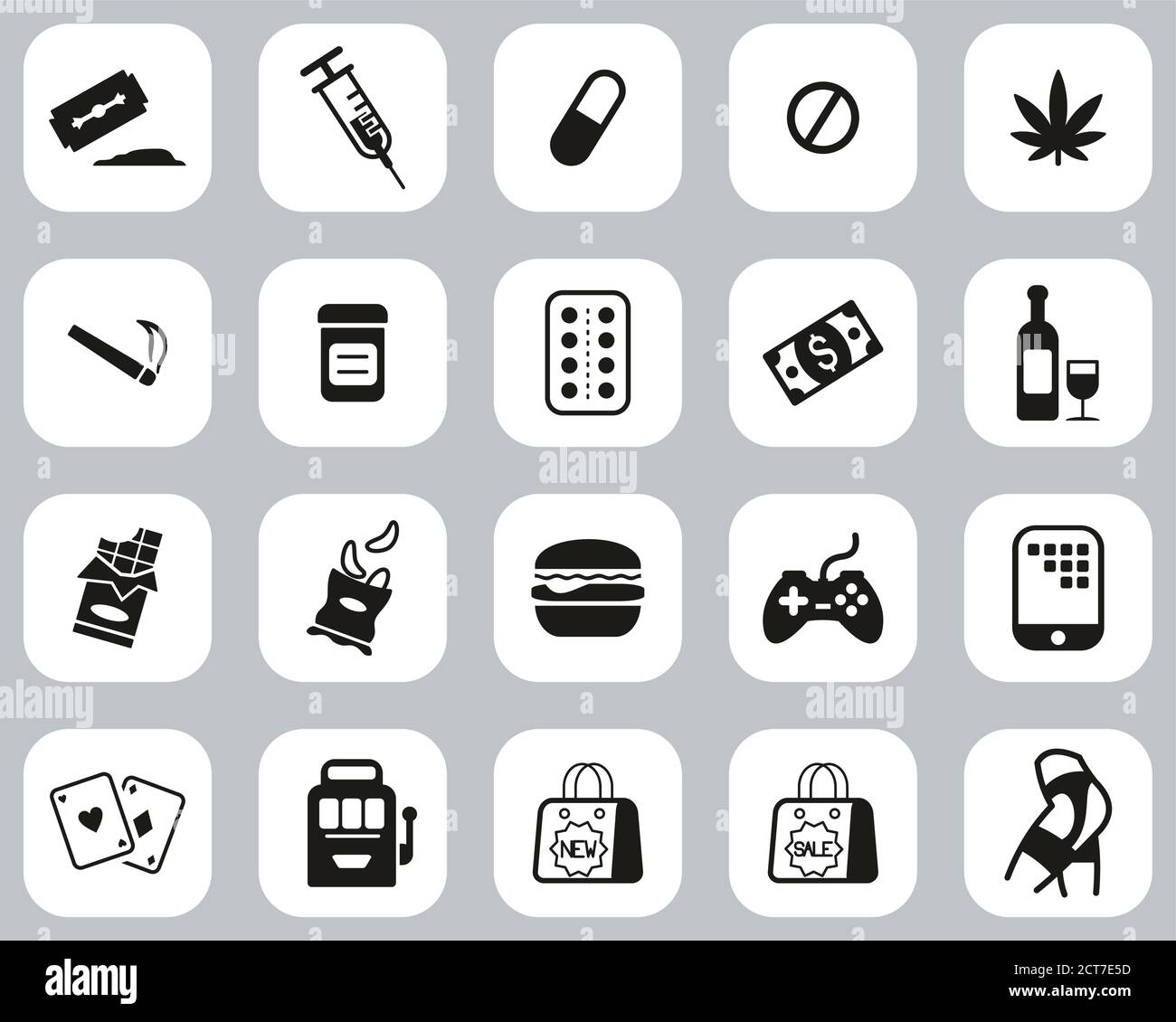 Addiction Icons Black & White Flat Design Set Big Stock Vector Image ...